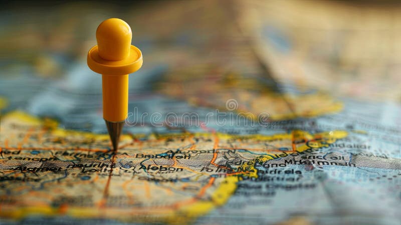 Yellow Push Pin Marks a Destination on a Detailed Map Stock ...