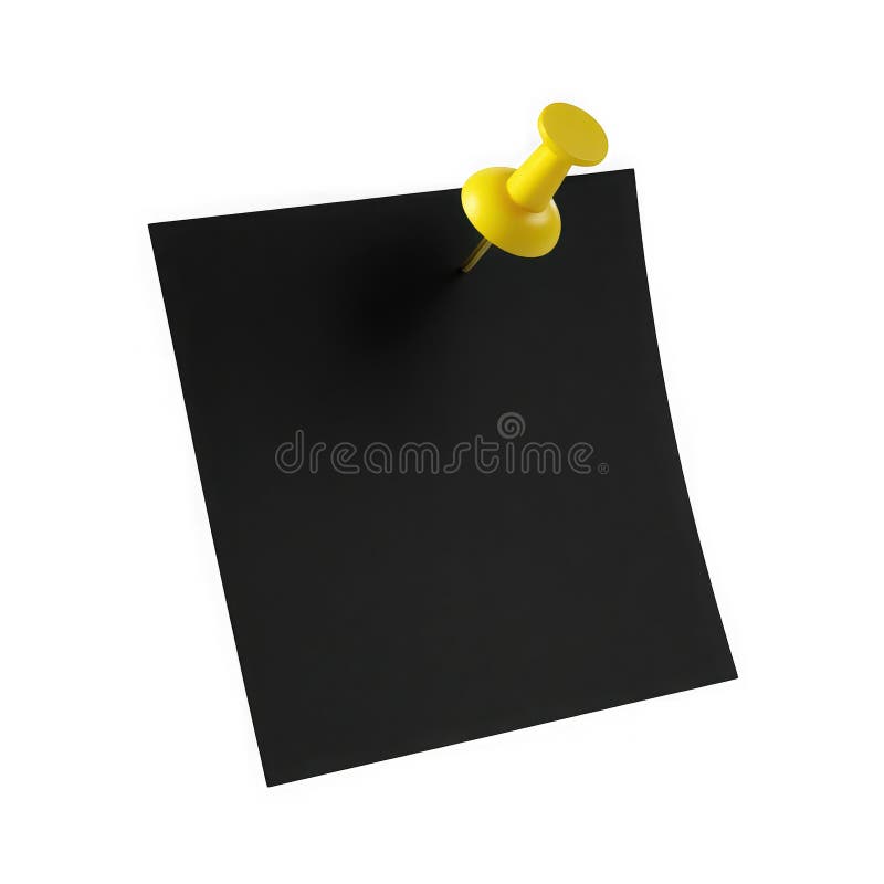 Yellow Pushpin Securing a Black Square Note on a White Background Stock ...