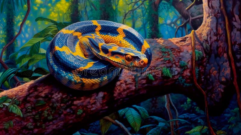 Yellow Python Coiling Around a Tree in a Rainforest. Stock Illustration ...
