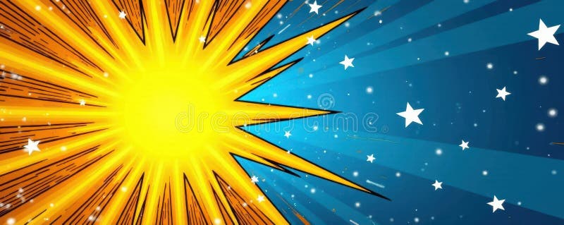 Yellow Radial Comic Burst with White Stars and Blue Thunder , Star ...