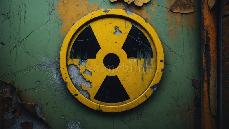 Yellow Radiation Hazard Symbol on Weathered Green Wall with Peeling ...