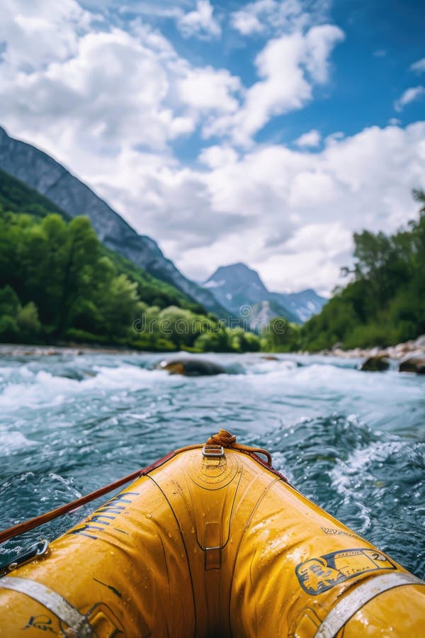 Yellow Raft on River with Mountains Stock Photo - Image of mountain ...