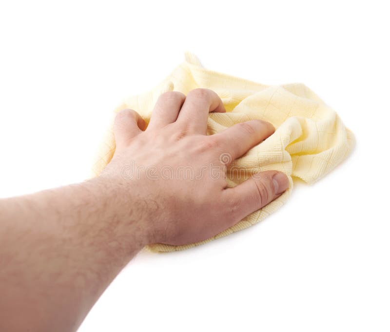 Hand With Yellow Dusting Rag Isolated On White Stock Photo - Image of ...