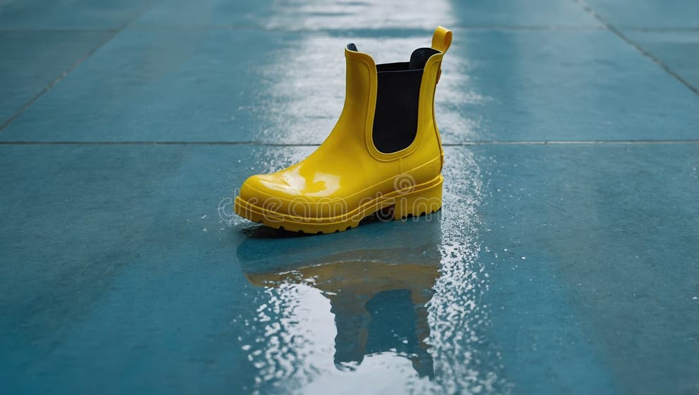 Yellow Rain Boot Reflection on Wet Blue Floor Surface Stock ...