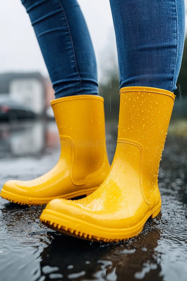 Yellow Rain Boots on Wet Pavement in Rainy Weather Stock Photo - Image of comfortable, blue ...