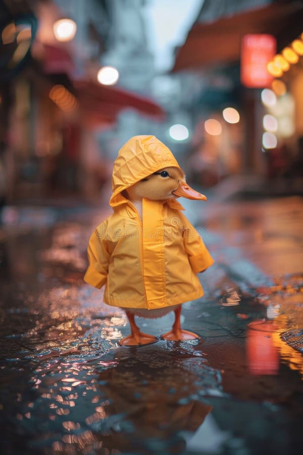 Yellow Raincoat Duck in Puddle Stock Image - Image of jacket, water ...