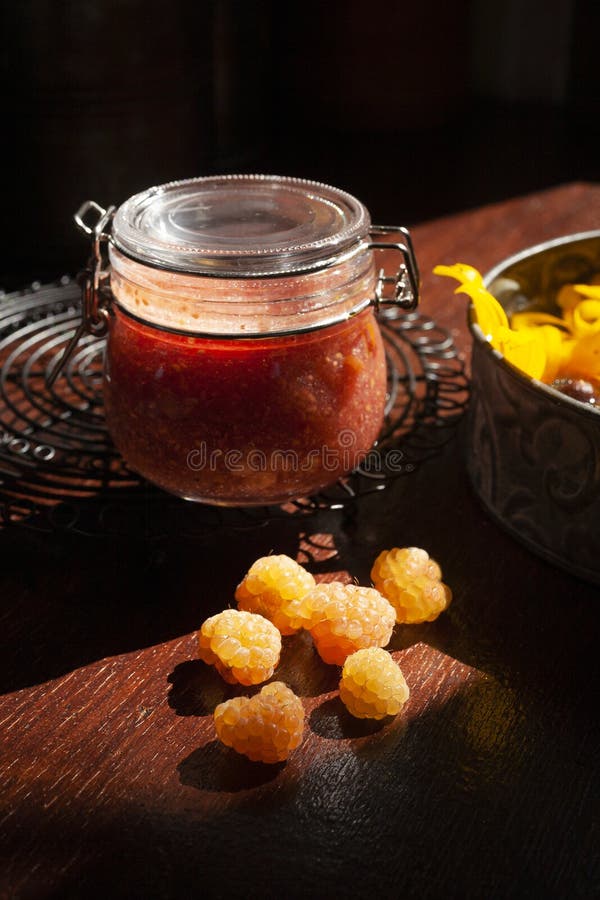 Yellow Raspberry Jam in Glass Jar Stock Image - Image of natural ...