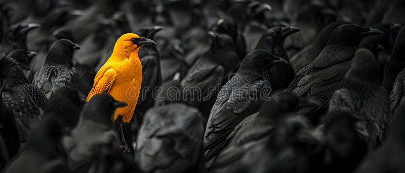 The Yellow Raven is Alone among a Crowd of Black Ravens Stock Image ...