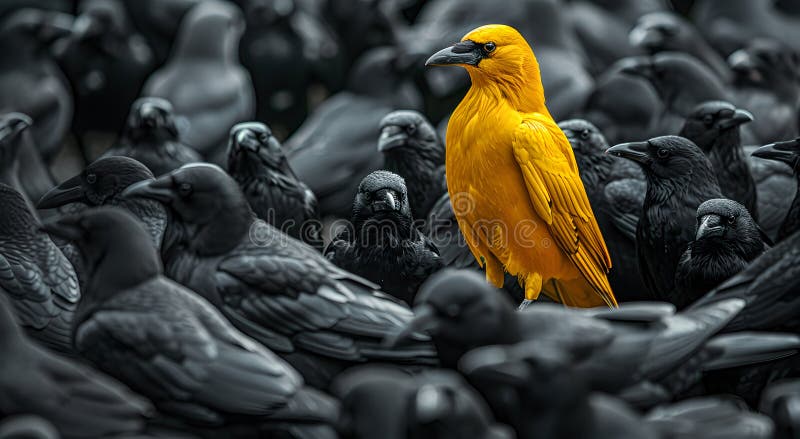The Yellow Raven is Alone among a Crowd of Black Ravens Stock Photo ...