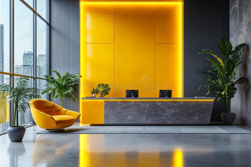 A Yellow Reception Desk in a Modern Office with a Large Window Stock ...