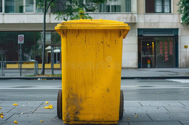 A Yellow Recycling Container is on the Street Stock Image - Image of ...