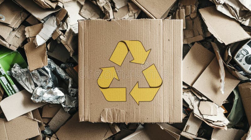 Yellow Recycling Symbol on Cardboard among Crushed Boxes Stock ...