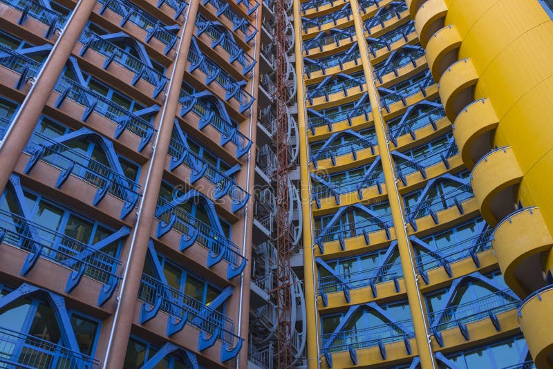 Yellow, red, blue building stock photo. Image of building - 61397744