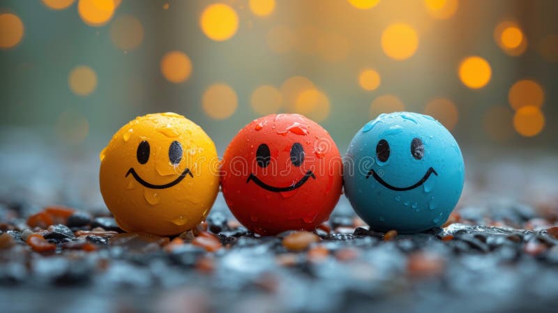 Yellow Red and Blue Emoji Face Ball with Water Drops Stock Illustration ...