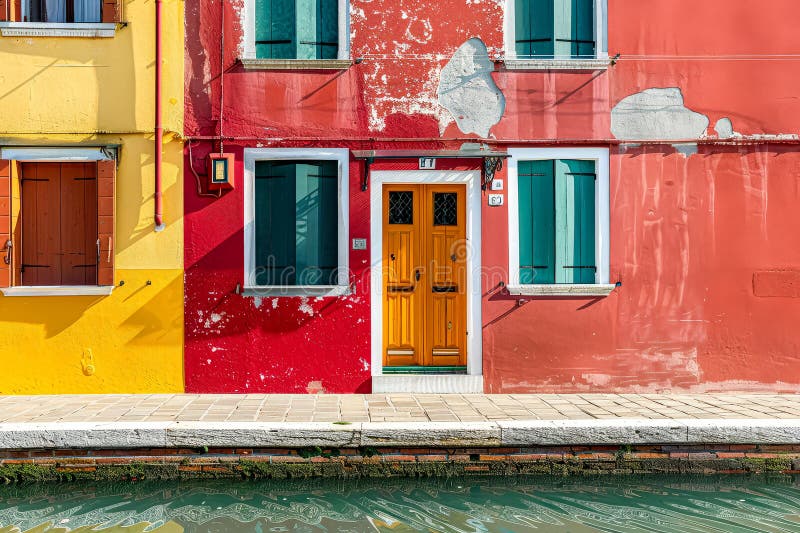 Yellow and Red Building with a Door that is Open Stock Photo - Image of ...
