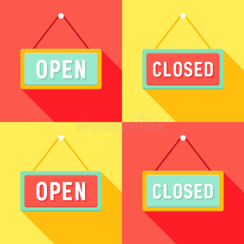 Yellow Red Cyan Open and Closed Signs Set Stock Image - Image of market ...