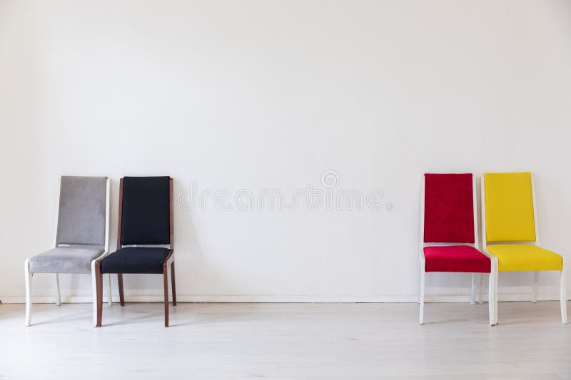 Yellow Red Gray Black Chairs on White Background Interior Stock Photo ...
