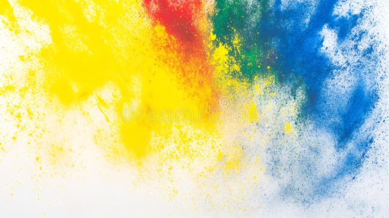 Yellow, Red, Green and Blue Powder Exploding on White Background ...