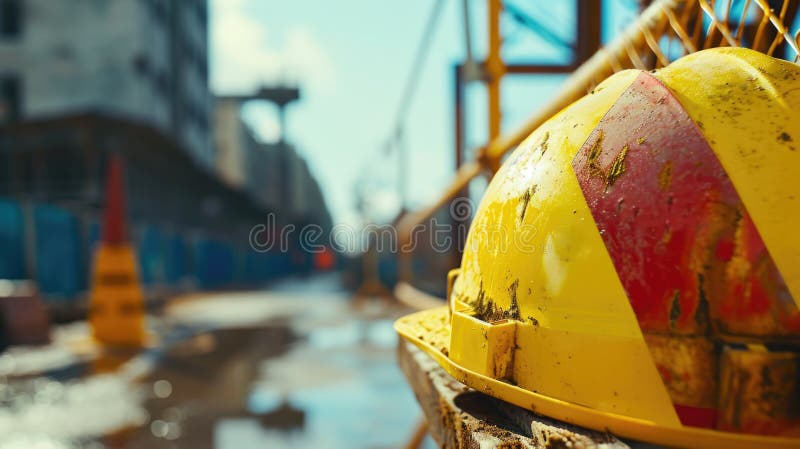 Yellow and Red Hard Hat Sitting on Top of a Fence. Suitable for ...