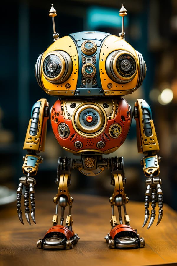 Yellow and Red Robot Sitting on Top of Wooden Table. Generative AI ...