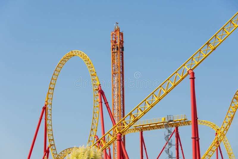 Yellow-red Roller Coaster and Free Fall Stella, Amusement Park View ...