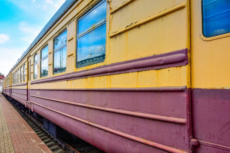 Yellow-red Train Carriage, Old Carriage on the Platform, Side View of ...