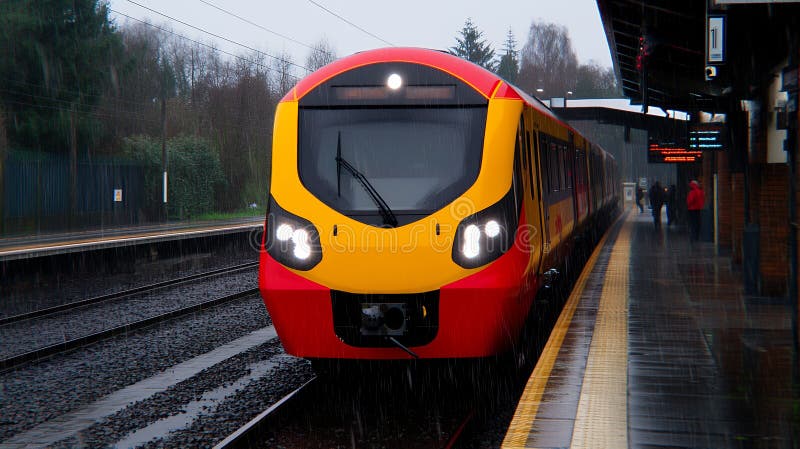 Yellow and Red Train at Wet Train Station Platform Stock Illustration ...
