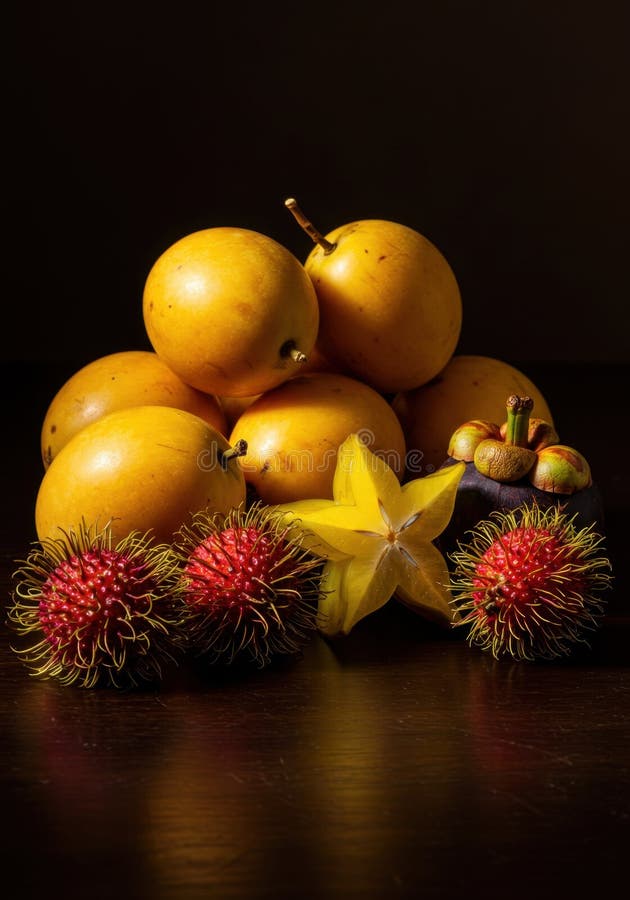 Yellow and Red Tropical Fruits Still Life Stock Illustration ...