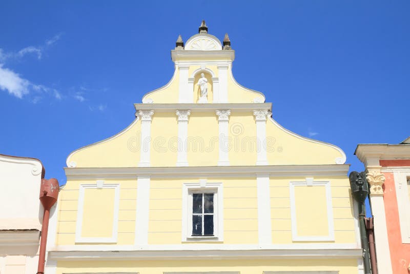 Yellow Renaissance House with Statue in Telc Stock Photo - Image of ...
