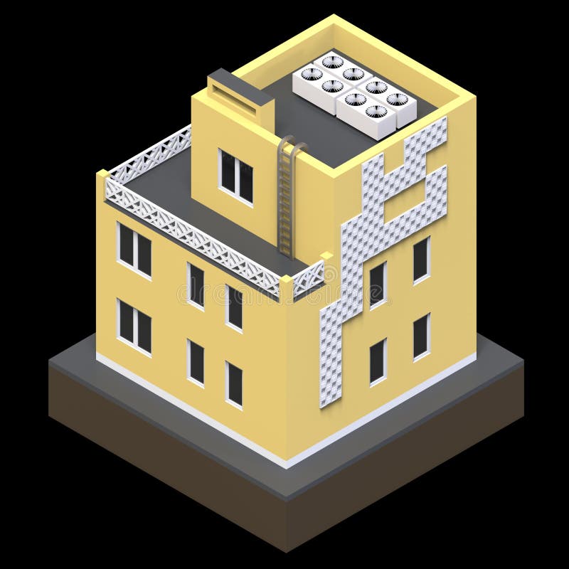 Yellow Residential Building in a Small Isolated Platform. Raster 3d ...
