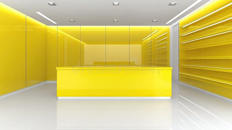Yellow Retail Store Interior, Reception Desk, Shelves, Modern Design ...