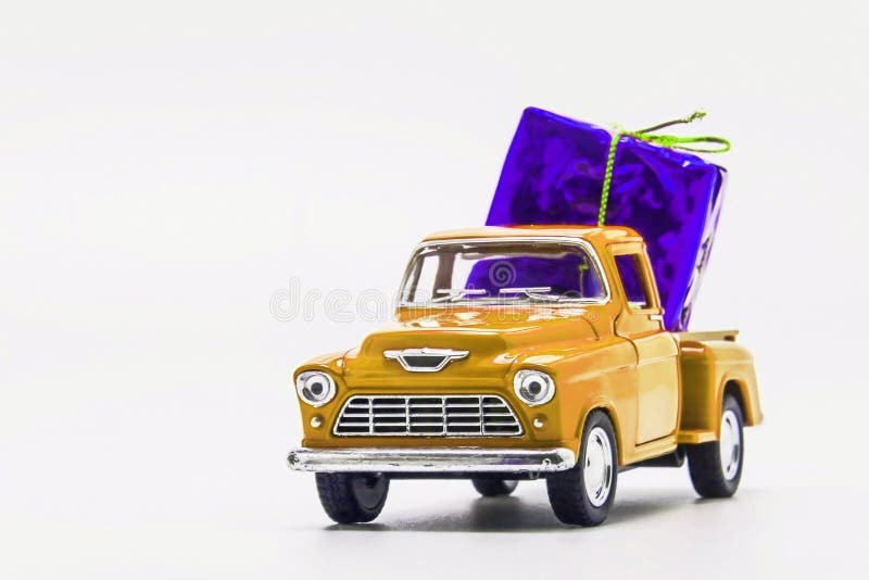 Yellow Retro Car Pickup Violet Gift Box Isolated Stock Photo - Image of ...