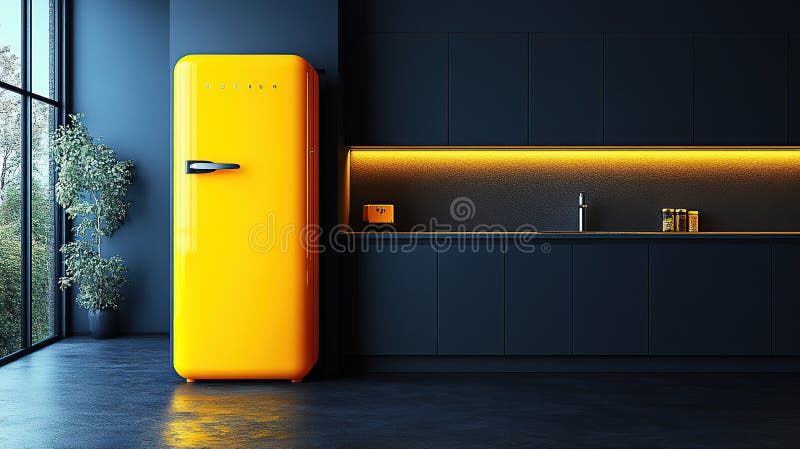 Yellow Retro Fridge in Modern Dark Kitchen, City View Stock ...