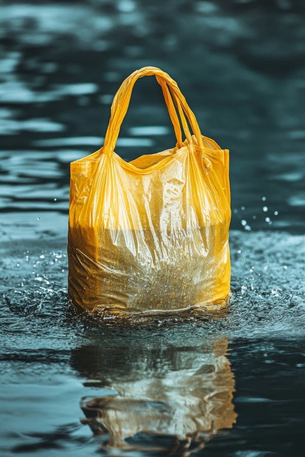 Yellow Reusable Plastic Bag Floating in Polluted Water, Symbolizing ...