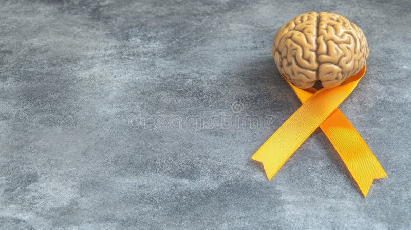 Yellow Ribbon And Brain Model Symbolizing Brain Health Awareness
