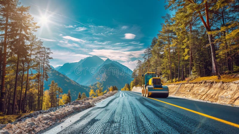Yellow Road Roller Compacting Fresh Asphalt on Newly Constructed Road ...