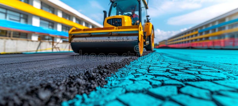 Yellow Road Roller Compacting Fresh Asphalt on a Newly Constructed Road ...