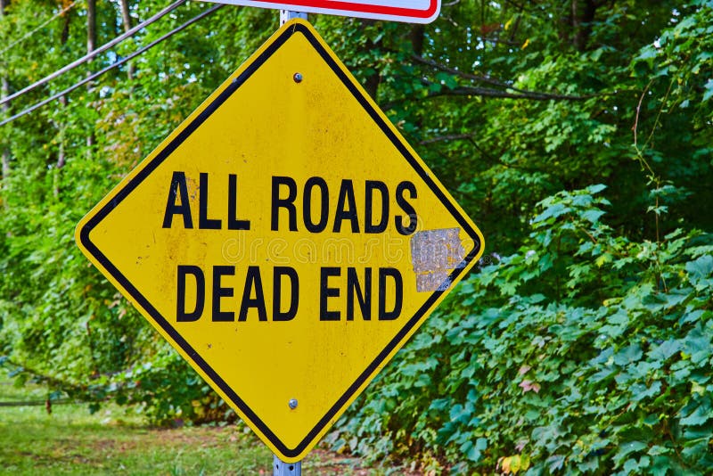 Yellow Road Sign Reading ALL ROADS DEAD END Surrounded by Greenery ...