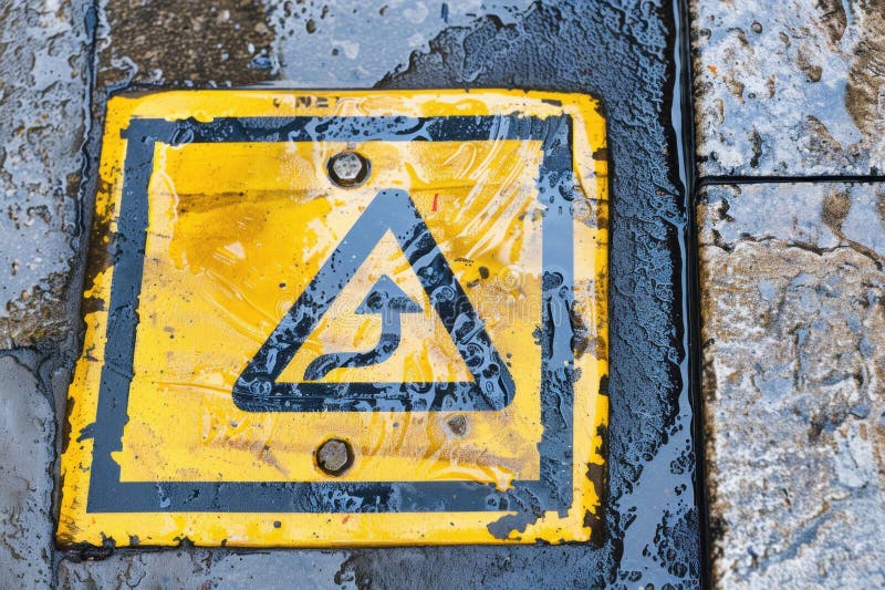 Yellow Road Sign Showing Sharp Turn on Wet Pavement Stock Photo - Image ...
