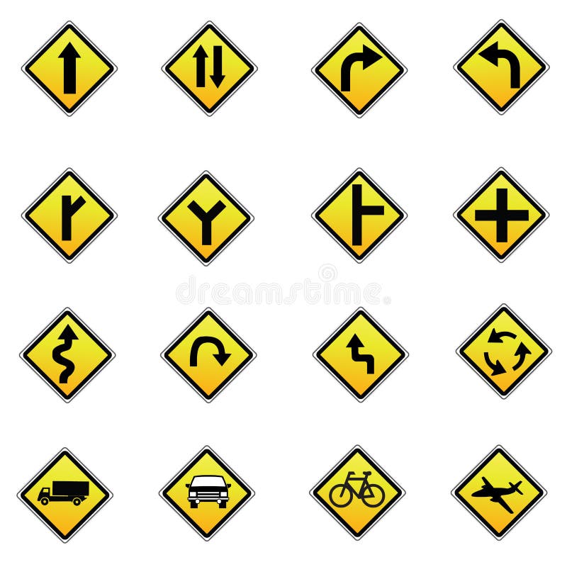 Yellow Road Signs, Traffic Signs Vector Set on White Background Stock ...