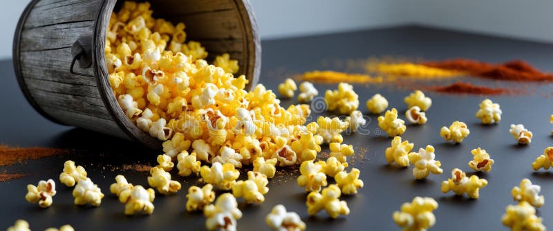 Yellow Roasted Popcorn with Various Flavors Scattered from a Bucket on ...