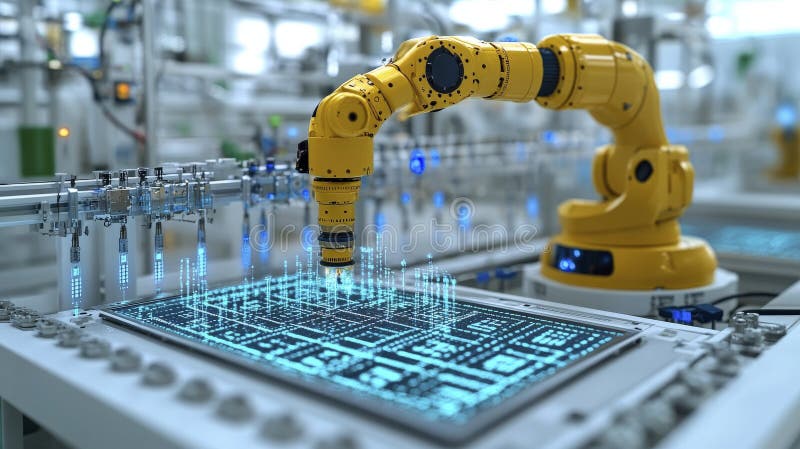 Yellow Robot Arm Handling Sophisticated Circuit Board Stock ...