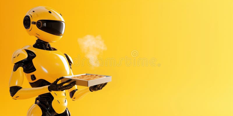 Yellow Robot Delivering Hot Pizza on Yellow Background, Copy Space ...