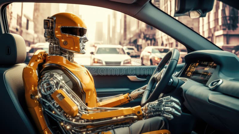 Yellow Robot Driving a Car. Inside the Car. Robot Driver Stock ...