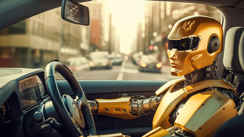 Yellow Robot Driving a Car. Inside the Car. Robot Driver Stock ...