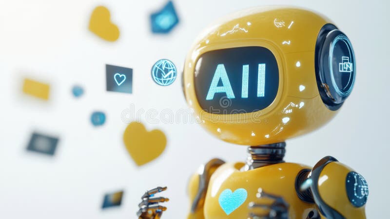Yellow Robot Face Displaying AI Text Surrounded by Icons Heart Globe ...