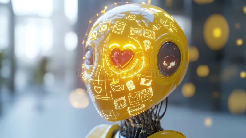 Yellow Robot Face Displaying AI Text Surrounded by Icons Heart Globe ... Yellow Robot Face Displaying AI Text Surrounded by Icons Heart Globe ...