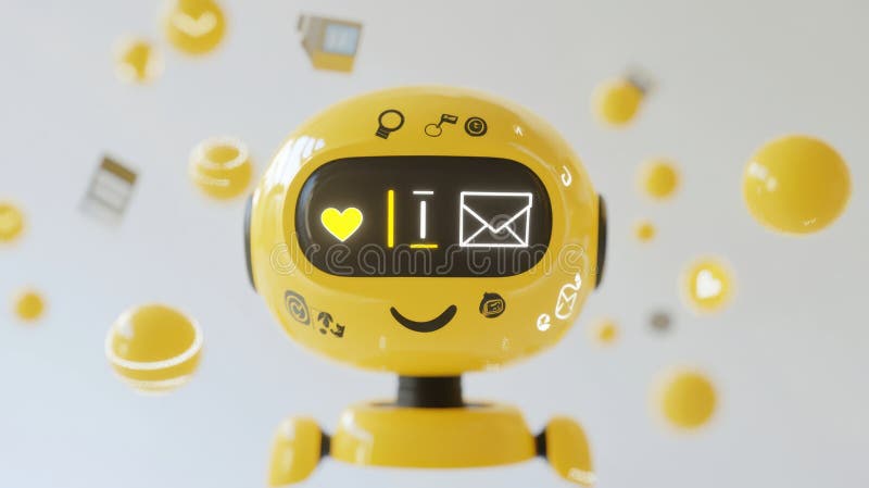Yellow Robot Face Displaying AI Text Surrounded by Icons Heart Globe ... Yellow Robot Face Displaying AI Text Surrounded by Icons Heart Globe ...