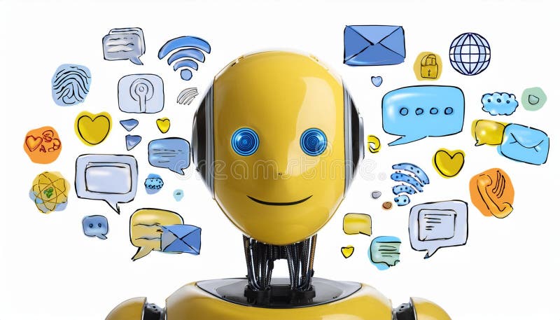 Yellow Robot Head Displaying AI Text, Surrounded by Icons Including ...