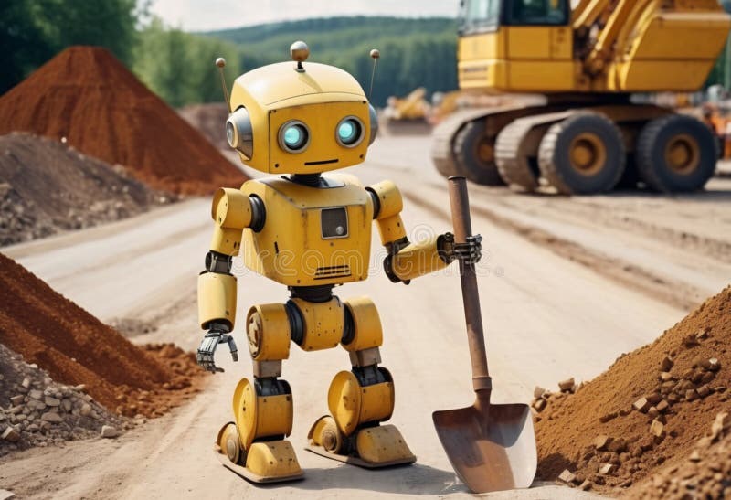 Yellow Robot Holding a Roadwork Shovel on a Road Construction Site ...